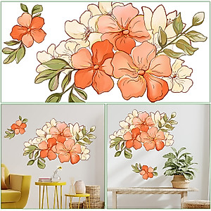 RW-6014 Romantic Orange Flowers Wall Decals Yellow Peony Rose Wall Stickers DIY Removable 3D Green Leaf Floral Blossom Plant Wall Art Decor for Kids Girls Bedroom Living Room Nursery Decoration