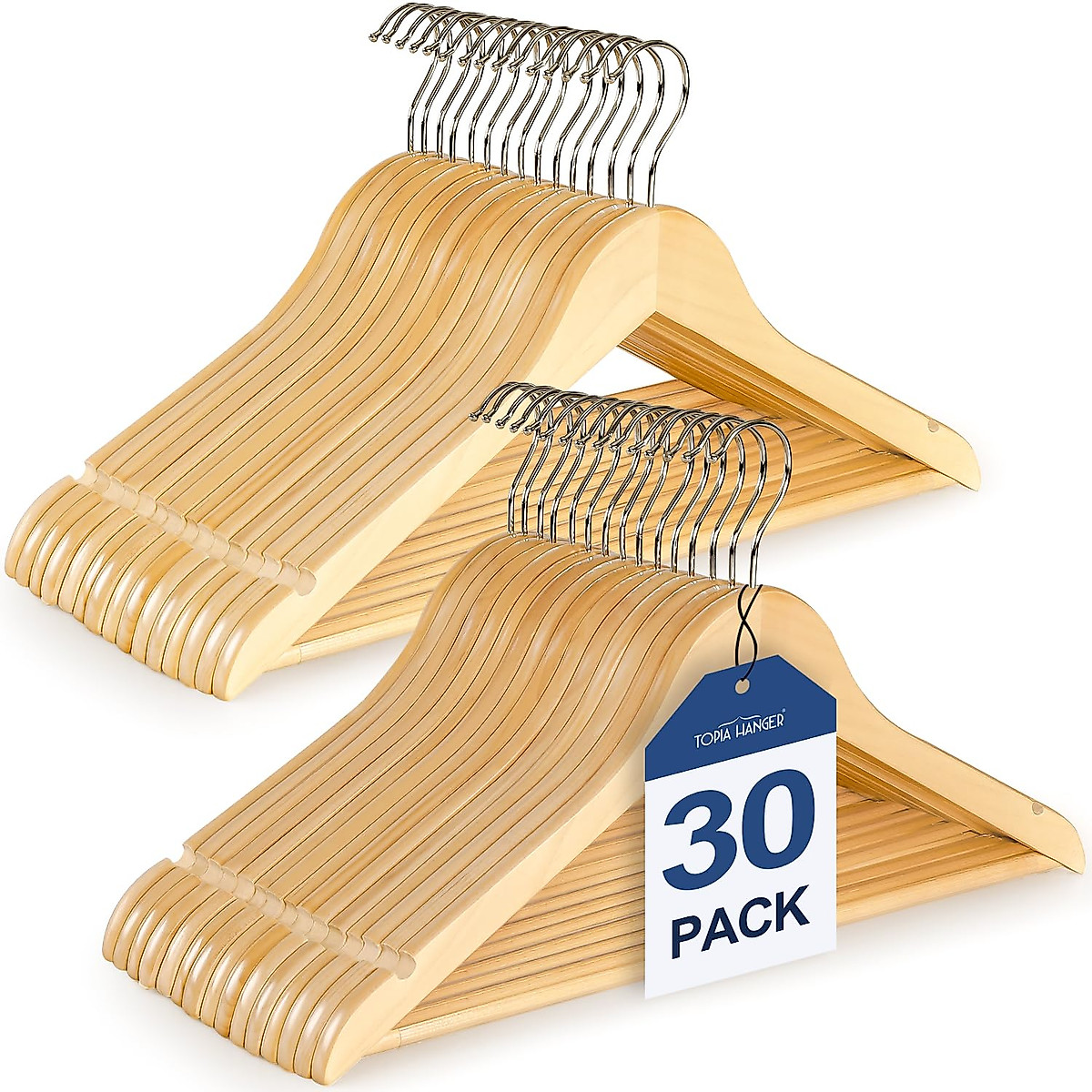 TOPIA HANGER Wooden Hangers 30 Pack, Natural Wood Clothes Hangers, Durable Coat Hanger with 360-Degree Rotatable Hook, Non-Slip Pants Bar and Shoulder Notches for Camisole Tops-CT34N30
