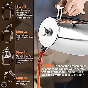 Secura French Press Coffee Maker, 50-Ounce, 18/10 Stainless Steel Insulated Coffee Press with Extra Screen