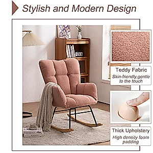 Krinana Teddy Fabric Nursery Rocking Chair, Rocker Armchair with Solid Wood Legs, Glider Chair Nursery with High Backrest for Living Room Apartment (Teddy Fabric,Pink)