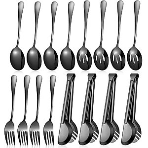 Patelai 15 Pieces Christmas Stainless Steel Serving Utensils Set 8.7" Large Serving Spoons Slotted Spoon 9.45" Tong 9" Serving Forks Flatware Kitchen Catering Banquet Wedding Party (Black)