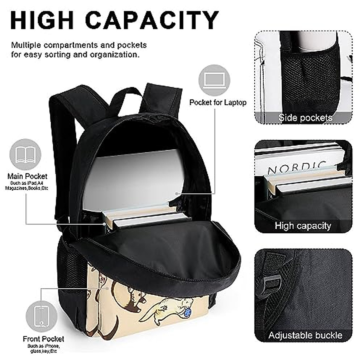 Supdreamc 3 Piece Rucksacks Hairy Ferret Art Camping Outdoor Backpack Sets - Large Capacity Multipurpose Carry On Bag+Lunch Bag+Pencil Case