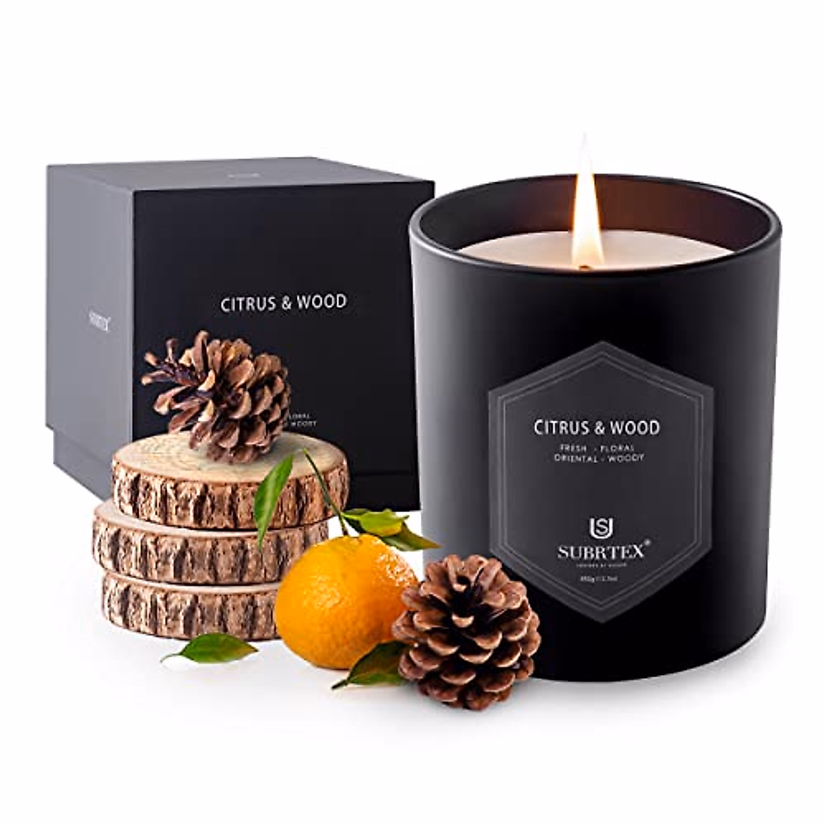 subrtex Citrus & Wood Scented Candles for Women, 12.3oz Large Jar Single Wick Candle, 70 Hours of Burn Time, Highly Scented Aromatherapy Candle Valentine's Day Gift for Bathing Massage