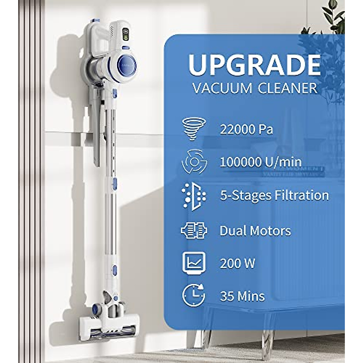ORFELD Cordless Vacuum Cleaner, 22000Pa Powerful Cordless Vacuum 6 in 1, 35Mins Long Runtime, Lightweight & Ultra-Quiet Stick Vacuum for Hardwood Floor Carpet Pet Car Cleaning