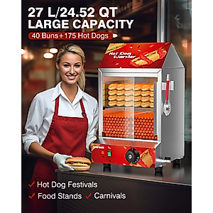 WantJoin Hot Dog Steamer - 2 Tiers Electric Hot Dog Steamer with Bun Warmer 27 L/24.52 QT, Visuable Glass Slide Doors Suit for 175 Hot Dogs and 40 Buns