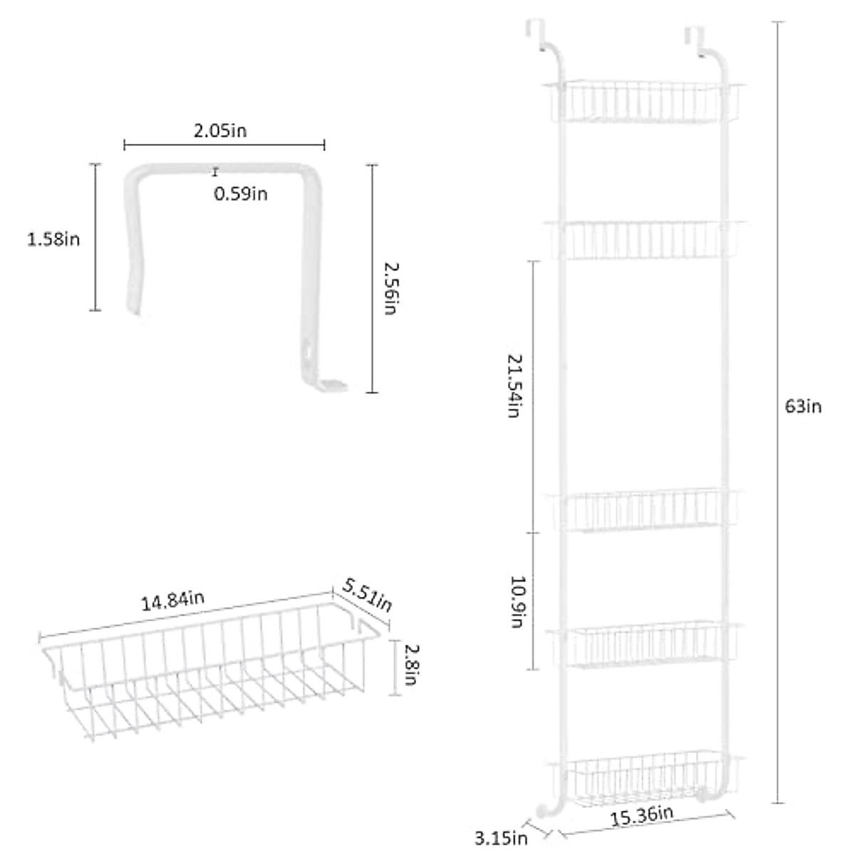 melos White Over The Door Pantry Organizer Rack, 6-Tier Heavy-Duty Metal Back Of Door Shelf Organizer, Over The Door Hanging Spice Rack With 6 Full Baskets - Storage, Closet, Bathroom, Kitchen, 15in