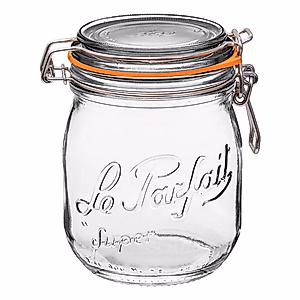 Le Parfait Super Jar, Canning Jars, 750mL French Glass Canning Jar w/Round Body, Glass Jars w/Airtight Lid, Canning Jar Wide Mouth, Glass Jar w/Lid, Clear Jars, Clear Glass Jar (24oz/Pint & Half, 1pk)