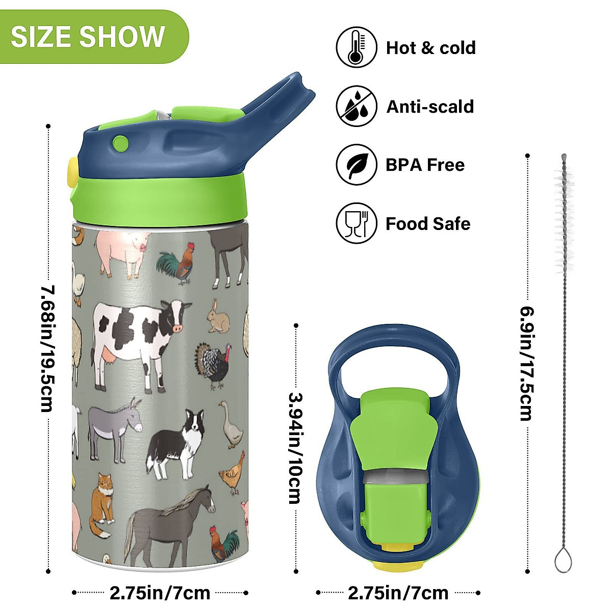 JUMBEAR Farm Animal Water Bottle with Straw Lid, Leakproof Double Walled Vacuum Insulated Stainless Steel Thermo Flask Travel Tumbler for Kids, Boys, Girls