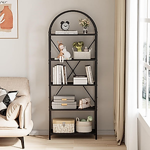 Arbuxzuy 5-Tier Bookshelf, 24 Inch Width Industrial Arched Bookcase, Vintage Storage Rack with Open Shelves, Free Standing Shelf for Home Office, Living Room,Bedroom, Black