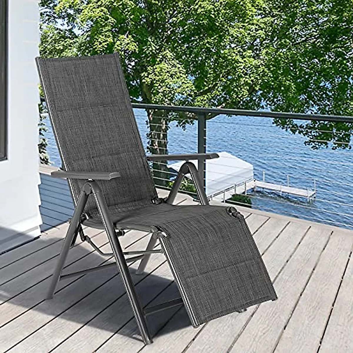 Tangkula Outdoor Reclining Lounge Chair, Patio Padded Folding Chair W/7 Adjustable Positions, Sturdy Aluminum Frame, Portable Chaise Lounge Chair W/High Backrest, Ideal for Indoor & Outdoor (1, Grey)