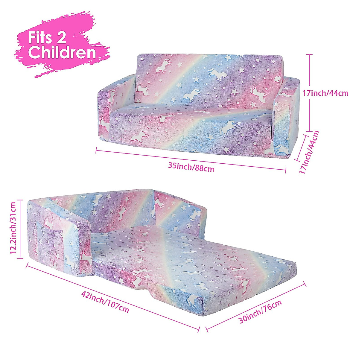 Kids Sofa Glow in The Dark Toddler Chairs Extra Wide 2 in 1 Fold Out Flip Open Baby Convertible Sofa to Lounger,2 Seats Soft Comfy Glowing Foldable Children Armchairs Kids Girls Boys Sofa Bed
