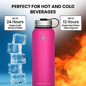Swig Savvy Sports Water Bottle, Vacuum Insulated Stainless Steel, Double-Wall, Insulated Wide Mouth Leakproof Lid, for Hiking, Camping, Sports, and School - 32 Oz (Pink)
