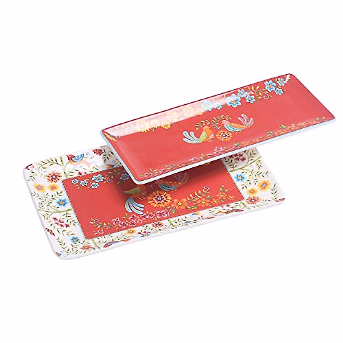 Bico Red Spring Bird Ceramic 14 inch Rectangular Serving Platter, Set of 2, for Serving Salad, Pasta, Cheese, Ham, Appetizer, Microwave & Dishwasher Safe
