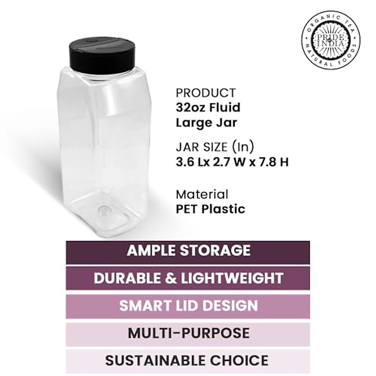 Pride Of India Large Clear Plastic Spice Jars w/Dual Sifter Cap | Food Grade BPA Free USA Made | 32 Fluid Ounce Capacity