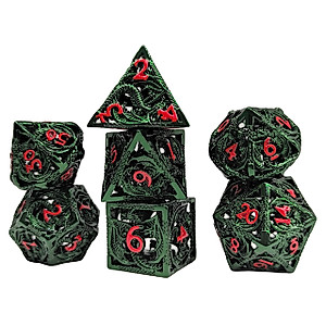 FOXBITE Green Hollow metal 7 Pcs Metal Dice Set D&D Dice Set, Polyhedral Dice Set for Dungeons and Dragons Dice, Blood Spattered Role Playing Dice Set, D+D RPG D and D Dice D20 D12(Rogue)