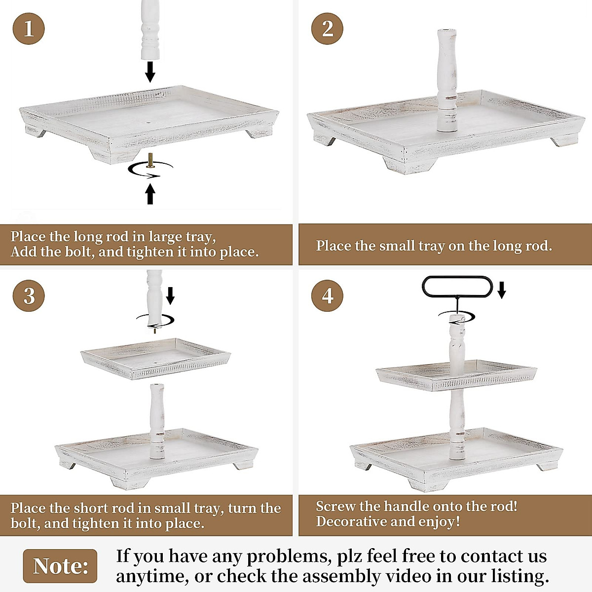 Hanobe Tiered Tray for Table Decor: 2 Tier Serving Stand Farmhouse Decorative Tray for Coffee Bar Centerpiece Rectangle Wood Display Stands Kitchen Counter (White)