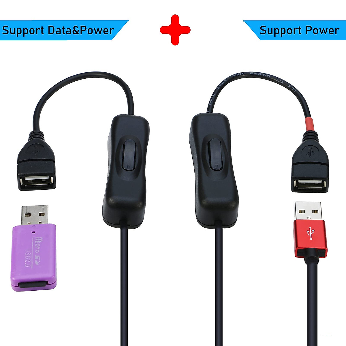 RIITOP USB Splitter with ON/Off Switch [3.3FT], USB 2.0 Extension Male to Female Cable (1x USB Data and Power Female and 1x USB Power Female)