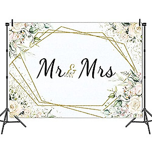 Mr & Mrs White Floral Bridal Shower Backdrop Mr Mrs Wedding Theme Photo Backgrounds 7x5ft Wedding Bride to Be Engagement Photography Backdrops Prom Party Banner Decor Party Banner Photo Booth Prop