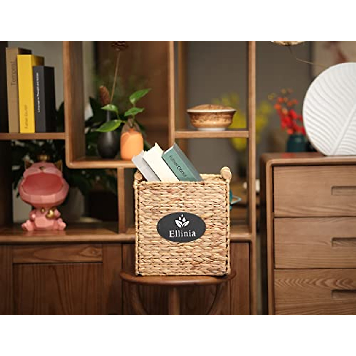 Storage Basket with Wooden Handles Made of Water Hyacinth Woven - Farm, Drawer, Wardrobe, Warehouse, Multipurpose Collapsible Storage Organizer, 4-Pack,Natural Water Hyacinth Color, Ellinia