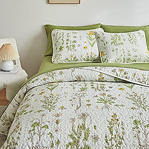 Joyreap 3 Pieces Reversible Quilt Set, Smooth Soft Microfiber Quilt, Yellow Flowers Green Leaves Botanical Design, Bedspread Bed Cover for All Season, 1 Quilt n 2 Pillow Shams (Full/Queen, 90x90)