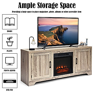 Tangkula 65" TV Stand, Storage Cabinet Console, Television Console, Media Component TV Stand with Adjustable Shelves. Suitable for 18" x 17" Fireplace (not Included) (Grey)