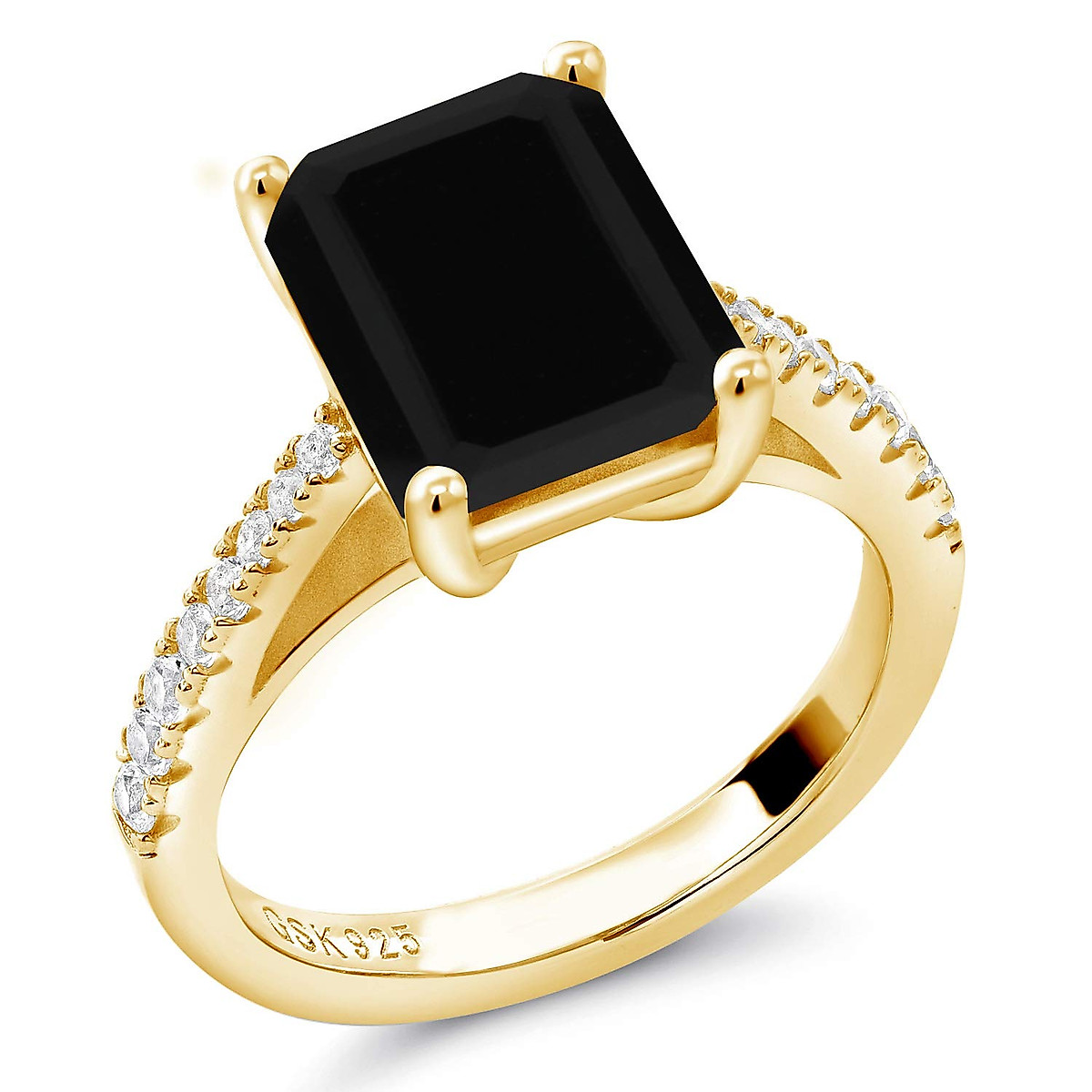 Gem Stone King 18K Yellow Gold Plated Silver Black Onyx and White Created Sapphire Ring For Women (3.39 Cttw, Gemstone Birthstone, Available in size 5, 6, 7, 8, 9)