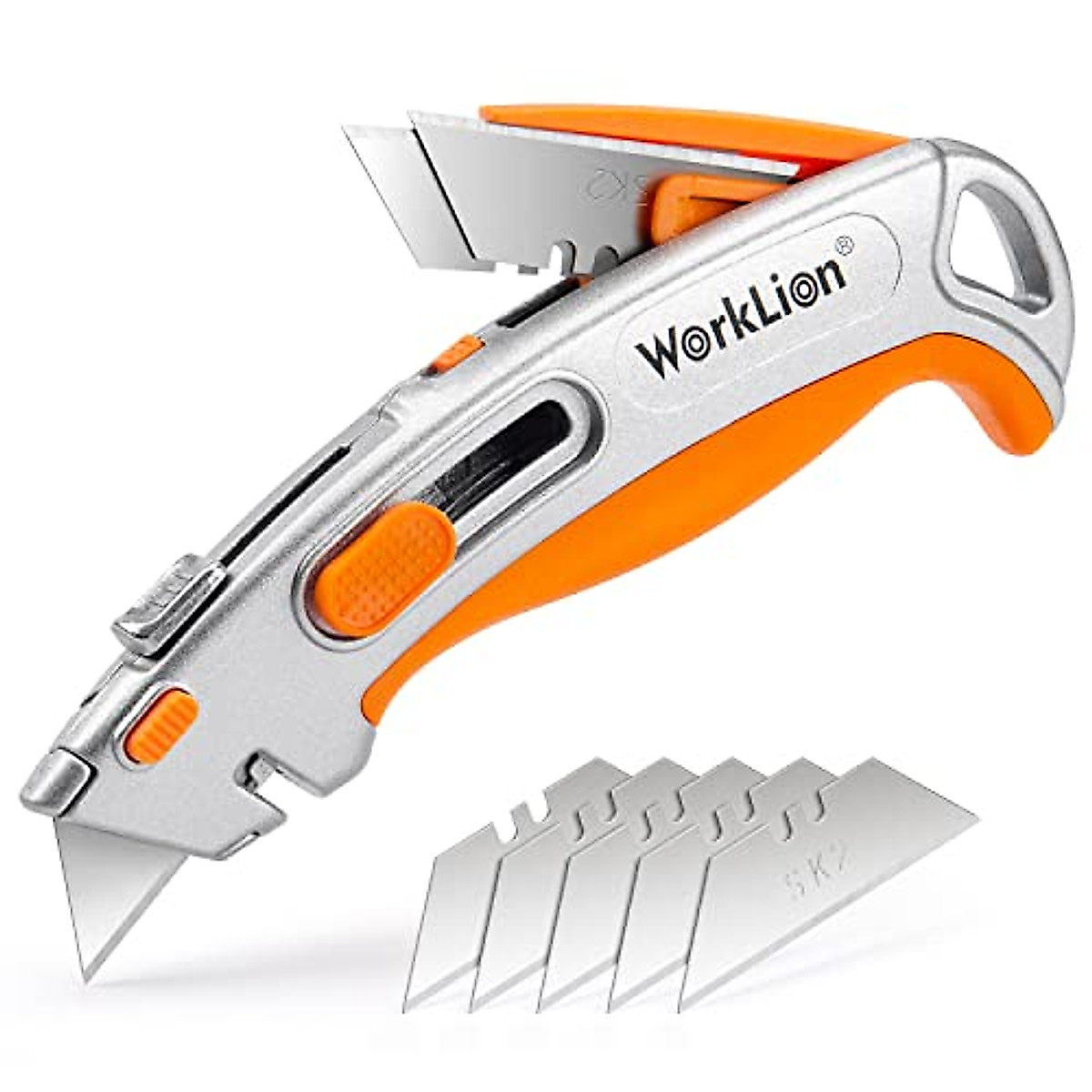 WORKLION Heavy-Duty Utility Knife Retractable: Zinc Alloy Body & Rubber Grip Handle & Retractable 3 Position & Blades Storage Design & Extra 5 Blades Refills - Safe Box Cutter