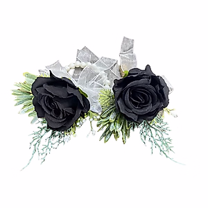 Rikyo Rose Wrist Corsage Wristlet Band Bracelet and Men Boutonniere Set, Corsage for Prom,Bride Hand Flower Flowers Ceremony,Wedding Party Prom Decor,DIY Petals Hair Hat Wreath (Black)