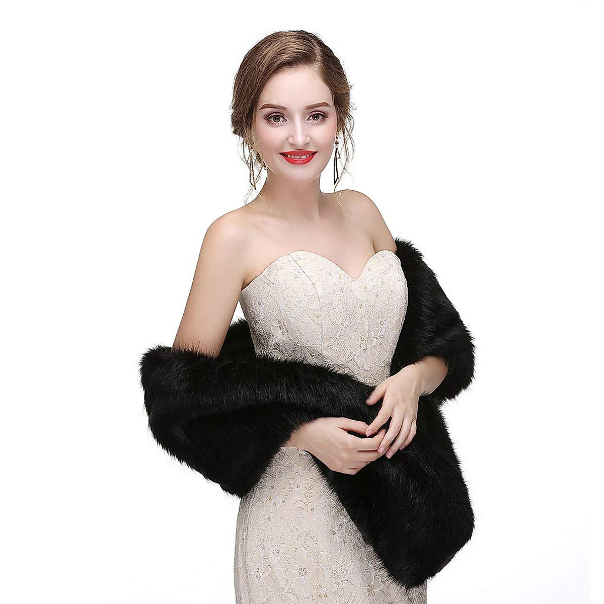 Olbye Women's Faux Fur Wraps Long Wedding Fur Shawl 1920s Sleeveless Bridal Fur Stole Scarf for Bride and Bridesmaid (Black)