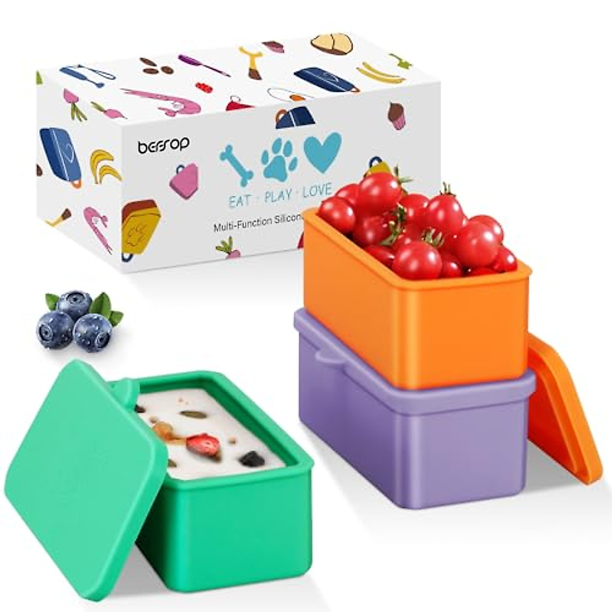 BEFSOP Salad Dressing Container To Go, Compatible with Lunch Box for kids,3x5oz Food Safe Silicone Small Condiment Containers with Lids,Reusable Silicone Baking Cups Snack Containers Sauce Cups