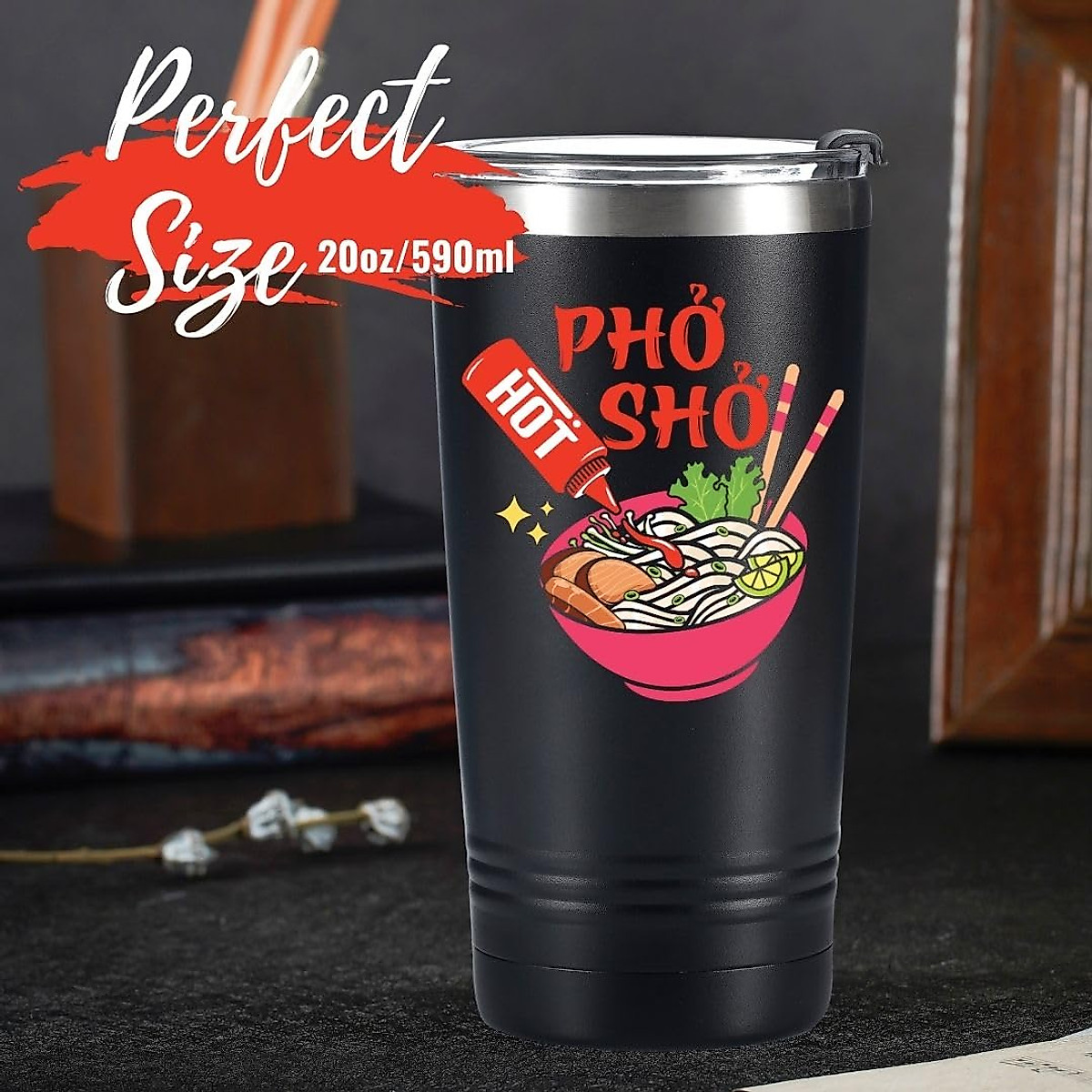 Onebttl Pho Gifts for Men Women, Pho Lovers, Vietnamese, Coworkers - Pho Sho - Stainless Steel 20Oz Tumbler, Black