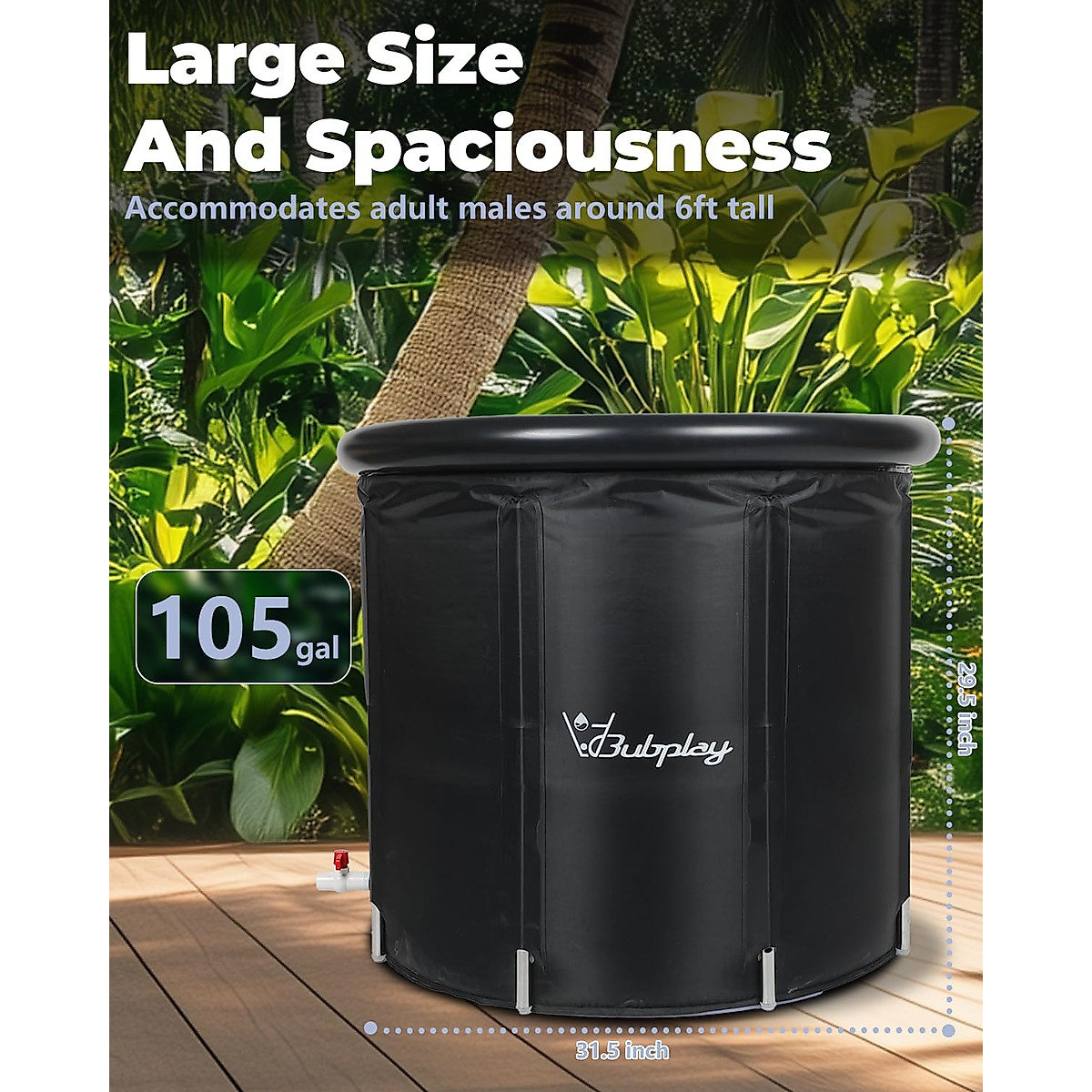 XL Ice Bath Tub for Athletes & Adults - 105 Gallons Ice Tub, Cold Plunge Tub with Cover, Ice Plunge Tub for Recovery & Cold Water Therapy, Inflatable Ice Bath Barrel for Indoor Outdoor- Black