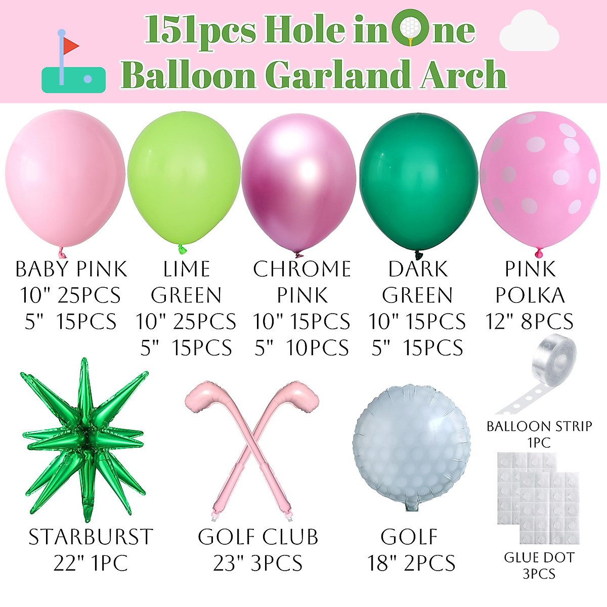 Enanal Hole in One Balloon Garland Arch Kit, 153pcs Pink Green Balloons with Star Golf Clubs and Golf Foil Balloons for First Birthday Decoration Golf Party Girls Birthday Baby Shower Supplies