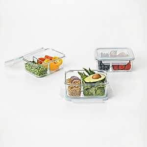 Glasslock Duo 3 Piece Clear Tempered Glass Microwave, Dishwasher, Freezer, Divided Food Storage Containers with Snap Lock BPA Free Plastic Lids