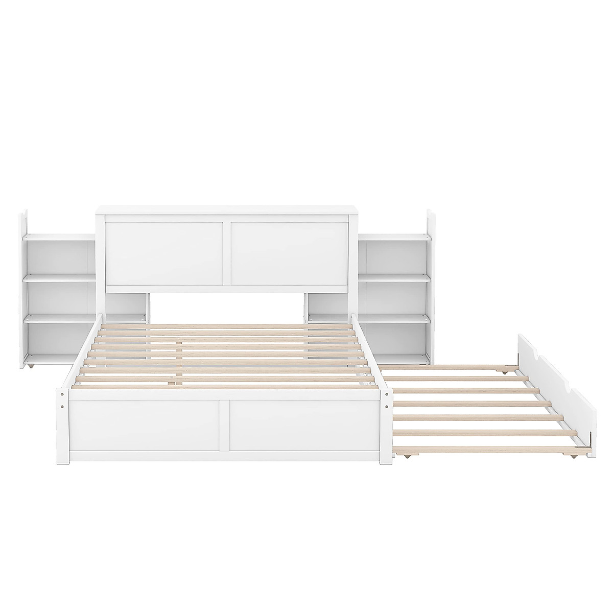 Lifeand Queen Size Storage Platform Wooden Bed with Pull Out Shelves and Twin XL Size Trundle, White