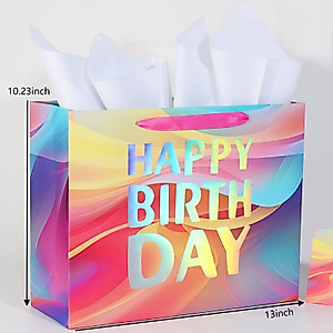 PARNOG 13" Large Happy Birthday Gift Bag with Tissue Paper and Card for Girls Kids Women Birthday