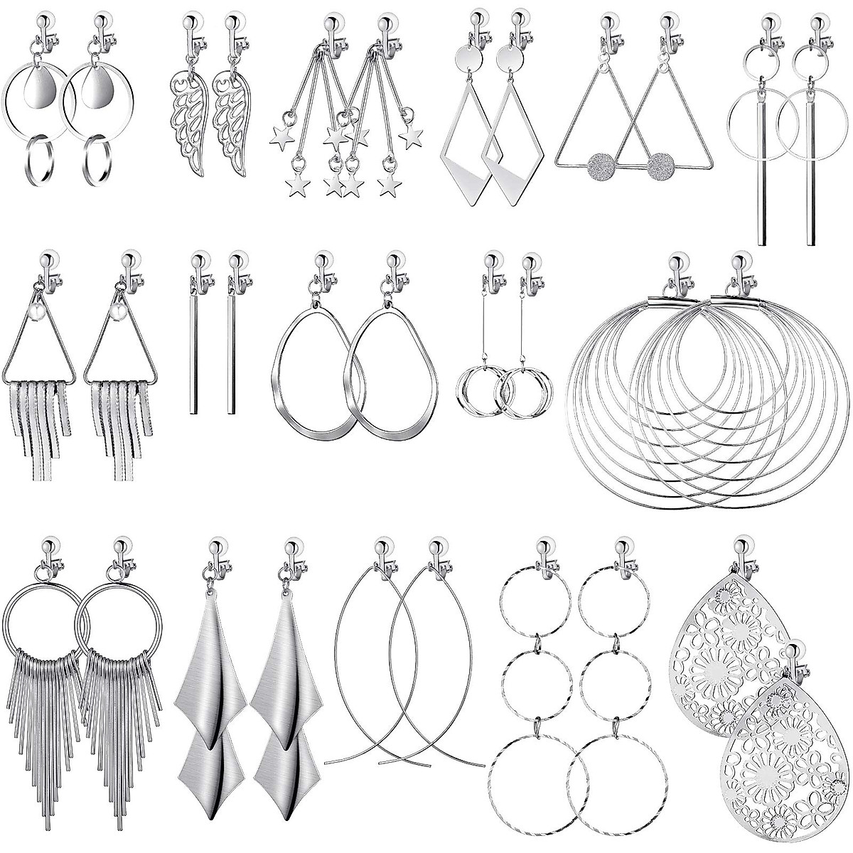16 Pairs Clip on Earrings Jewelry Set Clip on Bohemian Earrings Clip on Hoop Dangle Drop Earrings Tassel Statement Clip-on Earrings Non Piercing Earrings for Women (Silver)