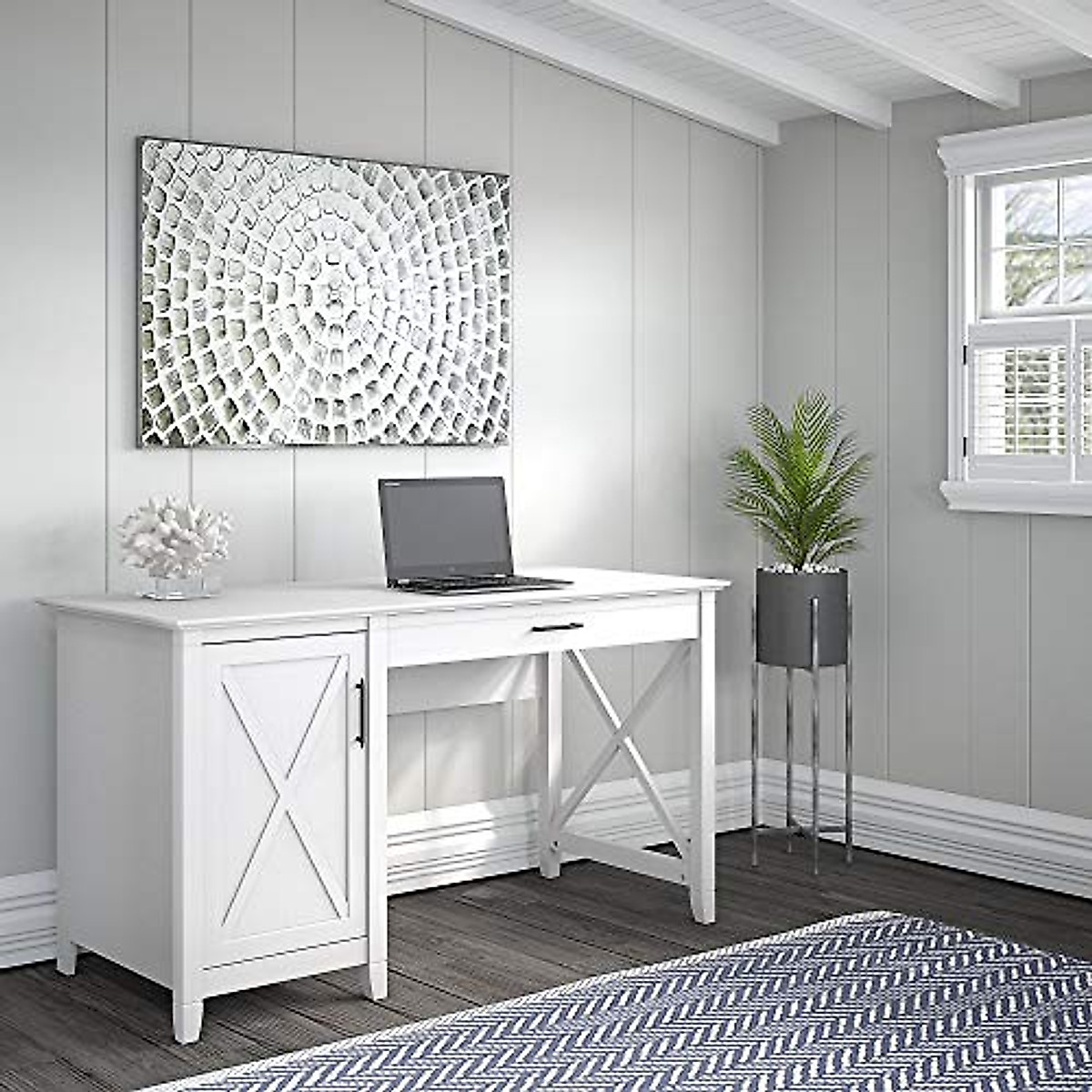 Bush Furniture Key West Computer Desk with Keyboard Tray and Storage, 54W, Pure White Oak