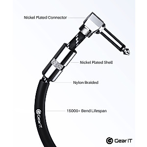 GearIT Audio Instrument Cable (20ft) Right Angle to Straight 1/4 Inch Male to Male for AMP Cord, Base and Electric Guitar - Black/White