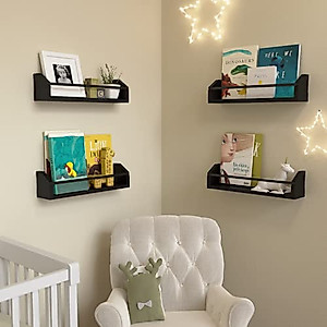 WOPITUES Floating Shelves with Protective Metal Rail, Small Bathroom Shelves Set of 4, Spice Rack Wall Mount, Wood Shelves for Kitchen, Living Room, Bedroom, Nursery Book- Modern Black