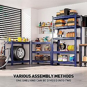 REIBII 72" Garage Shelving Heavy Duty Garage Storage Shelves Load 1700LBS Adjustable Heavy Duty Shelving 5 Tier Metal Shelving for Storage Industrial Shelving 31.9" W x 17.1" D x 72" H Blue