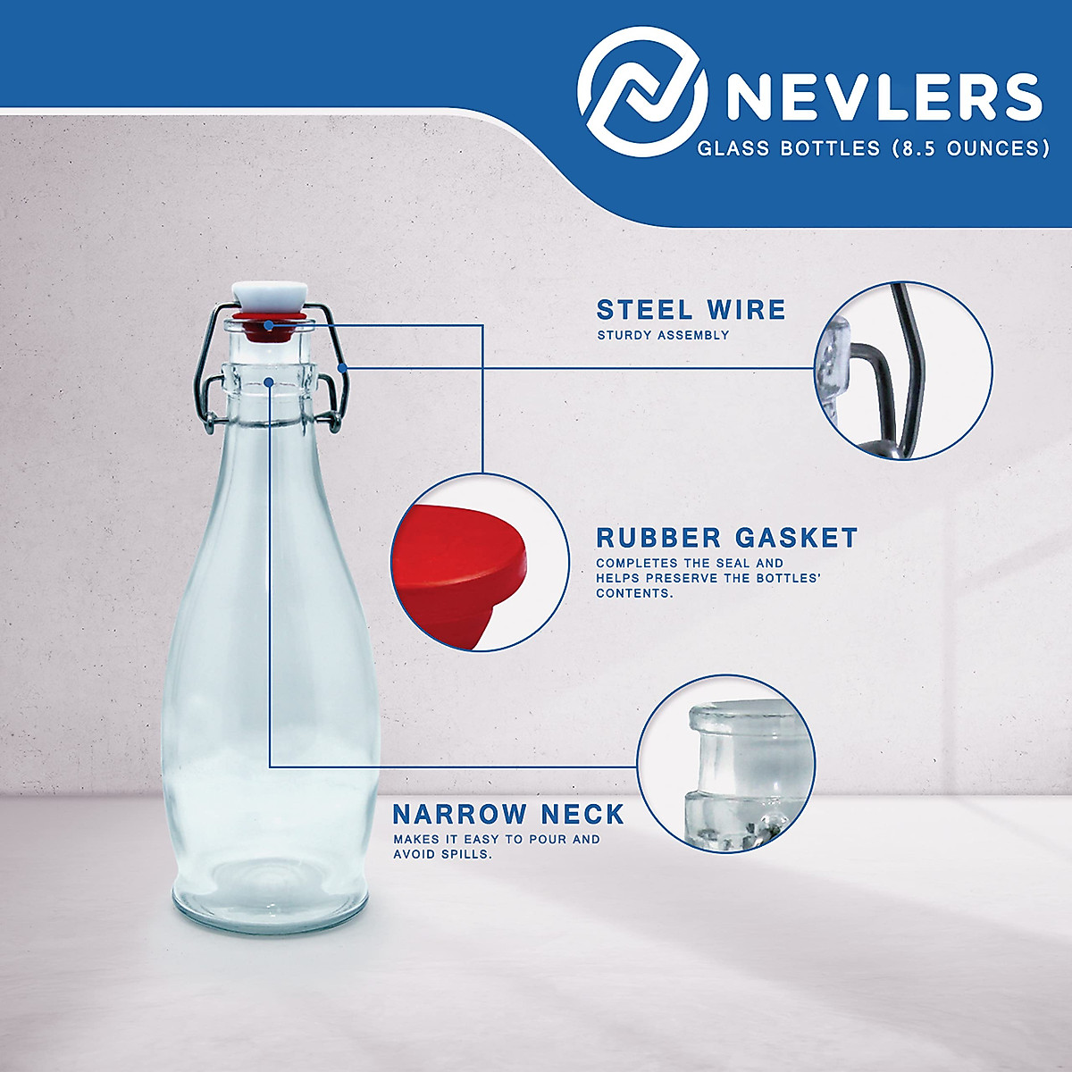 Nevlers Set of 6 | 8.5 Oz. Glass Bottle Set with Swing Top Stoppers and Includes Bottle Brush, Funnel and Gold Glass Marker | Swing Top Glass Bottles | Clear Glass Water Bottle