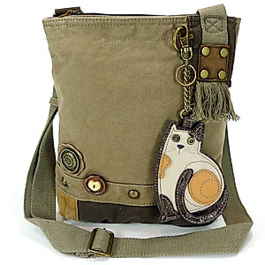 Chala Patch Cross-Body Women Handbag, Canvas Messenger Bag, Lazzy Cat - Olive, Green, Medium