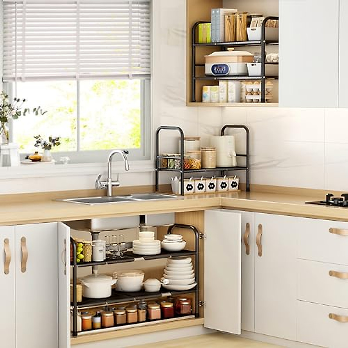 POJORY 2 Piece Expandable Height/Length Under Sink Organizers and Storage, 2 Tier Cabinet Shelf Organizer with 8 Detachable Panels for Under Kitchen Bathroom Sink Organizers and Storage,Black