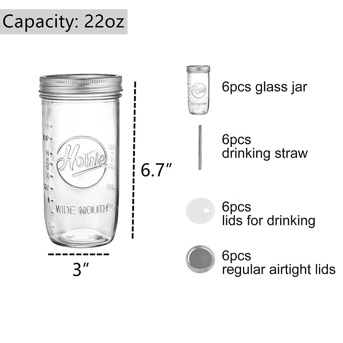 Dicunoy 6 Pack 24oz Glass Smoothie Cups, Reusable Boba Tea Cups with Lids and Straws, Wide Mouth Iced Coffee Cups Tumbler, Mason Jars for Iced Beverage, Juice, Jam, Honey, Travel Drinking