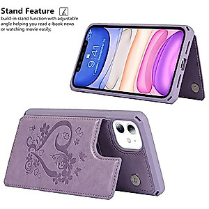 iCoverCase for iPhone 11 Wallet Case with Card Slots Holder and Wrist Strap [RFID Blocking] Embossed Leather Kickstand Magnetic Clasp Shockproof Cover for iPhone 11 6.1 Inch (Heart Purple)