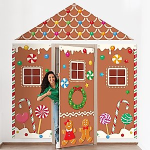 VitalCozy 4 Pcs Christmas Gingerbread Door Decorations Xmas Gingerbread House Backdrop Gingerbread Candy Door Covers Christmas Hanging Banner Porch Sign for Holiday Classroom Office Home Party Decor