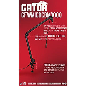 Gator Frameworks Deluxe Desk-Mounted Broadcast Microphone Boom Stand For Podcasts & Recording, Integrated XLR Cable (GFWBCBM3000), Black