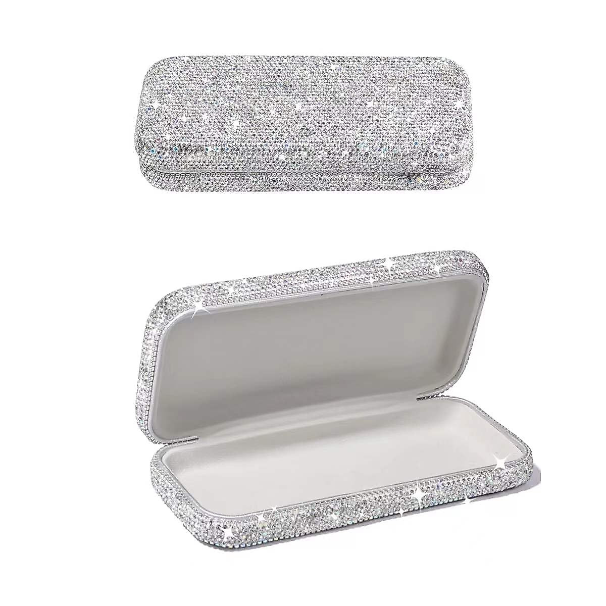 Unisex Bling Diamond-Encrusted Hard Portable Protective Shell Eyeglasses Cases for Women Men with Cleaning Cloth (Silver)