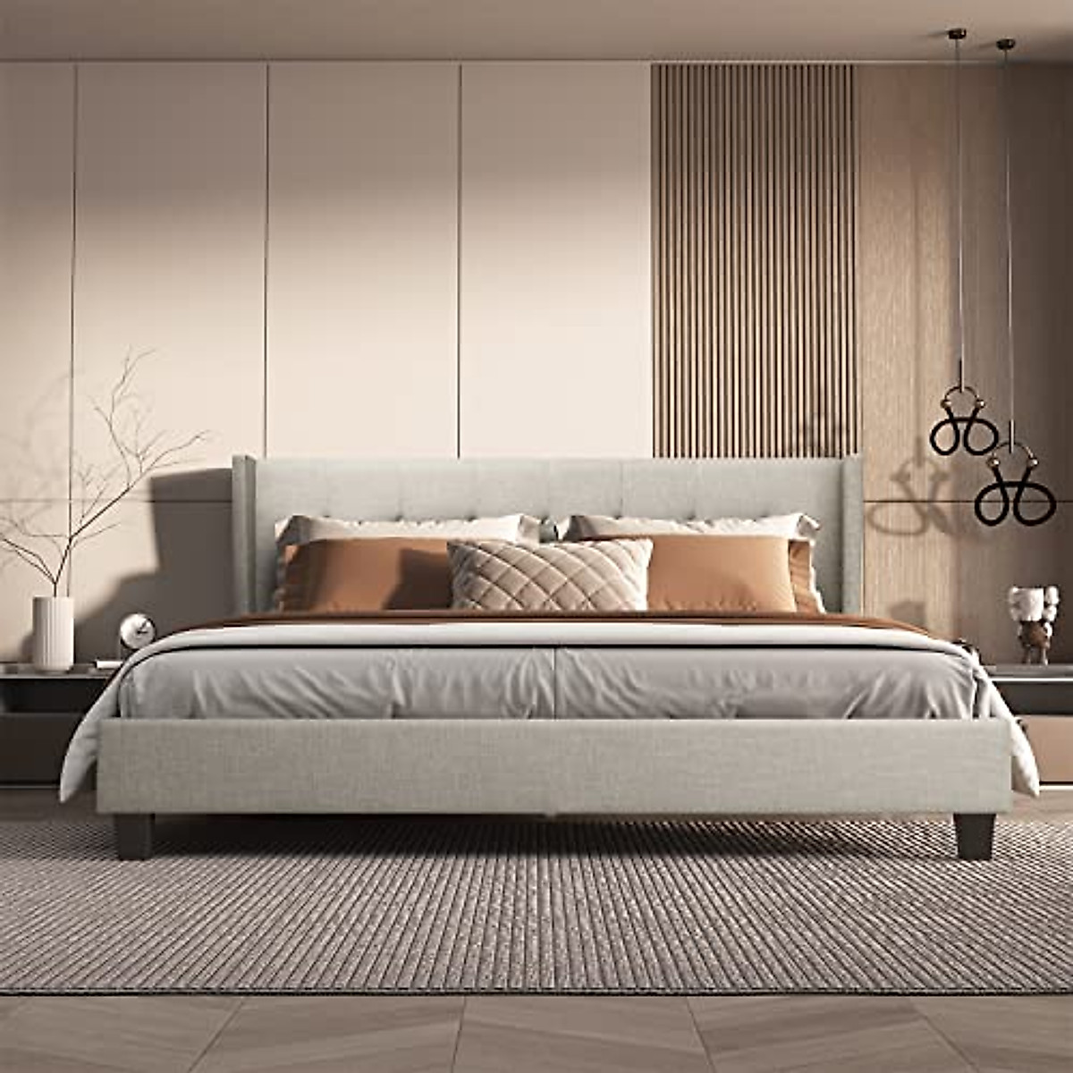 BONSOIR Bed Frame Upholstered Traditional Low Profile Platform with Wing Back Headboard/No Box Spring Needed/No Bed Skirt Needed/Linen Fabric Upholstery/Sand (Sand, King Size)